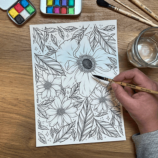 Floral Watercolour colouring pages – Shimmer Drops Paint
