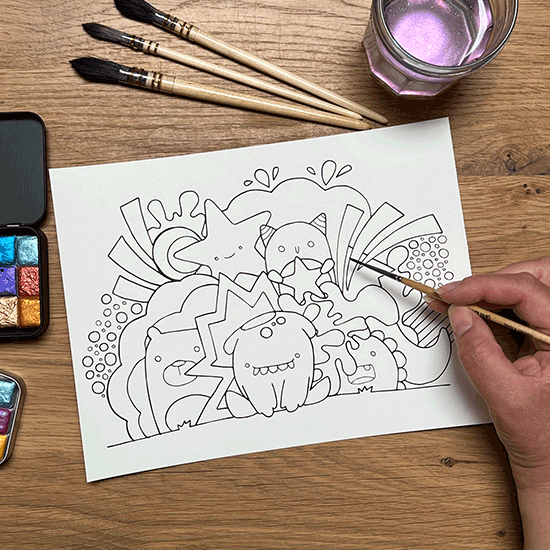 Cartoon watercolour colouring pages – Shimmer Drops Paint